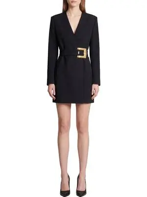 Balmain Merino Wool Wrap Mini Blazer Dress With Padded Shoulders - Black