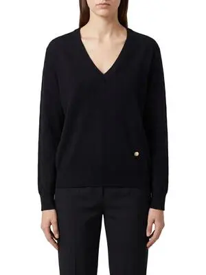 Balmain Pure Merino Wool V-neck Jumper With Applied Logo - Black