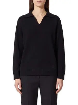 Valentino Garavani Long-sleeved Knitted Polo In Pure Cashmere With V-neck - Black