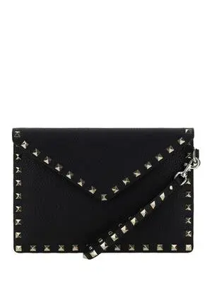 Valentino Garavani Rockstud Grained Calfskin Leather Pouch With Studs And Handle - Black