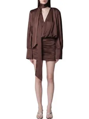ROTATE BY BIRGER CHRISTENSEN Rotate Recycled Satin Mini Shirtdress With Scarf Neck And Long Sleeves