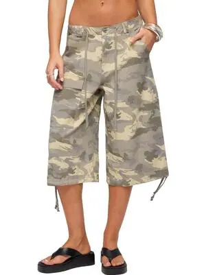 EDIKTED Camouflage Cargo Bermuda Shorts With Drawstring Hems - Gray