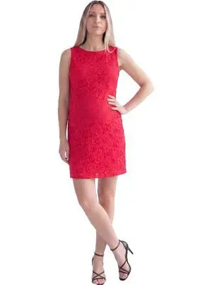 24SEVEN COMFORT APPAREL Sleeveless Lace Boat Neck Mini Shift Dress - Fuchsia