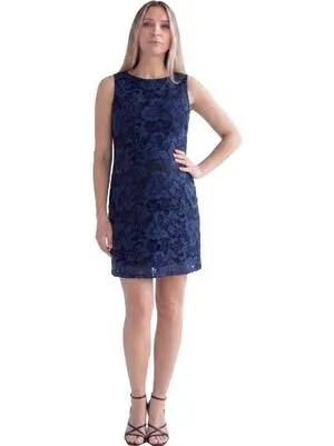 24SEVEN COMFORT APPAREL Sleeveless Lace Boat Neck Mini Shift Dress - Navy