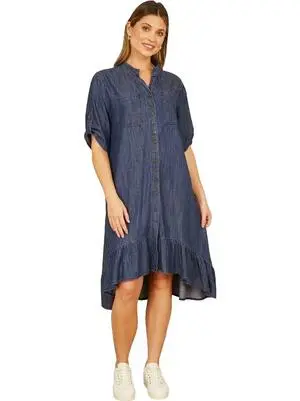 YUMI Denim Dip Hem Relaxed Fit Shirt Dress - Blue
