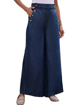 YUMI Chambray Wide Leg Trousers With Side Buttons - Blue