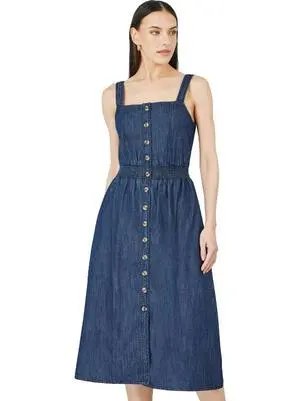 YUMI Chambray Cotton Ruched Midi Sun Dress - Blue