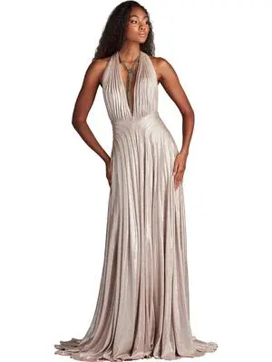 Tadashi Shoji Pleated Metallic Halter Gown - Pebble