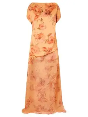 DIMA AYAD Floral Print Chiffon Trimmed Satin Gown - Orange