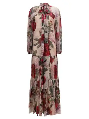 NISSA Printed Silk Maxi Dress With Scarf Detail - Multicolour