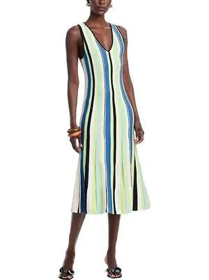 TOCCIN Fifi A-line Midi Dress With Vertical Stripes - Ocean/keylime Multi