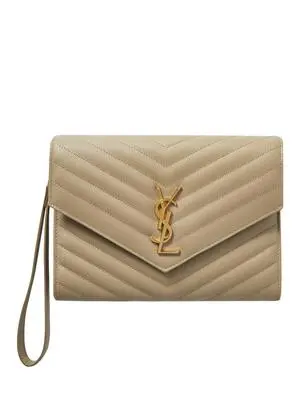 Saint Laurent Monogramme Quilted Textured-leather Pouch - Neutrals