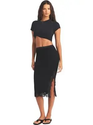 SKIMS Rib Knit Lace Trim Midi Skirt - Obsidian