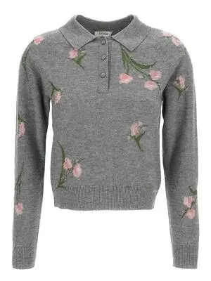 Erdem Floral Motif Merino Wool Knit Polo Sweater - Grey