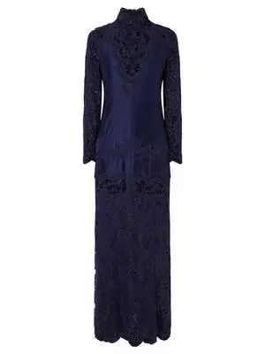 Rabanne High Neck Lace Jersey Maxi Dress - Navy Blue