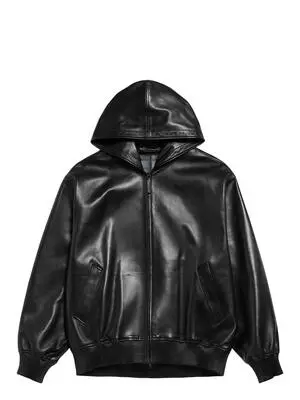 Balenciaga Short Hooded Leather Coat - Black