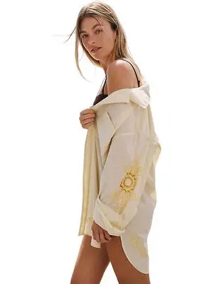 CELANDINE Cotton Eyelet Oversized Button-down Shirt - Lemon Icing