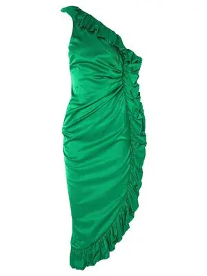Attico One-shoulder Ruffled Cotton-blend Satin Midi Dress - Green