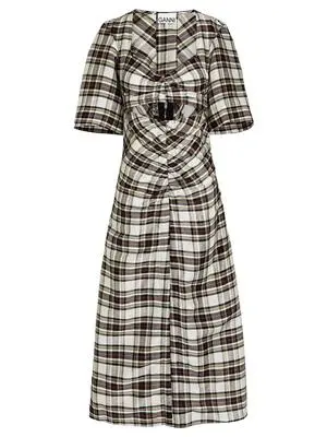 GANNI Checked Linen And Silk-blend Midi Dress - Black