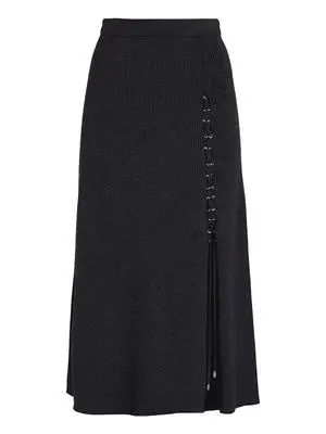 MAJE Maje Lace-Up Ribbed-Knit Midi Skirt
