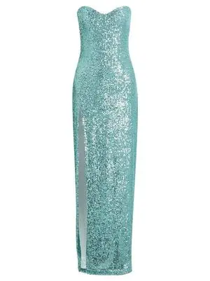 Monique Lhuillier Strapless Sequined Tulle Gown - Turquoise