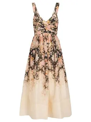 Zimmermann Floral Print Linen And Silk-blend Midi Dress - Neutral