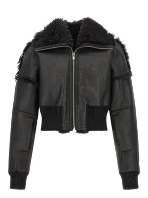 Rick Owens Cropped Leather Bomber Jacket With Shearling - Black