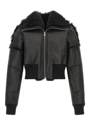 Rick Owens Cropped Leather Bomber Jacket With Shearling - Black