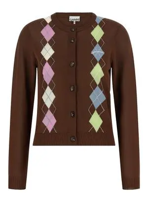 GANNI Argyle Intarsia Organic Cotton Cardigan - Brown