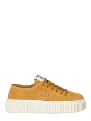 Miu Miu Suede Embroidered Logo Sneakers - Neutrals