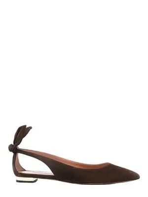 AQUAZZURA Espresso Suede Pointed Toe Slingback Flats With Bow Detail And Gold-tone Block Heel - Brown