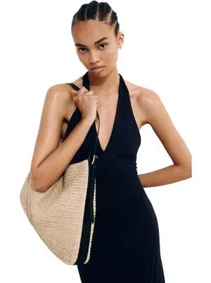 H&m Braided Paper Straw Shoulder Bag With Magnetic Fastener - Beige