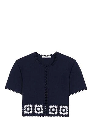Maje Cropped Cardigan With Floral Crochet Panels - Navy