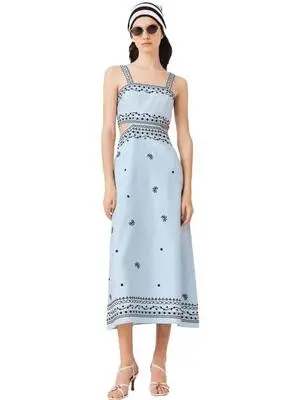 Maje Embroidered Linen Blend Maxi Dress - Blue Sky