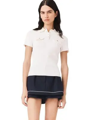 Maje Short-sleeved Ribbed Polo With Textured Gold Buttons - Ecru