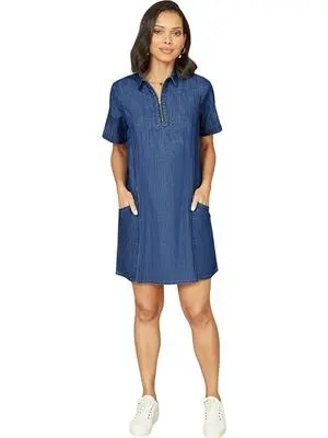 YUMI Cotton Chambray Zip Neckline Dress - Blue
