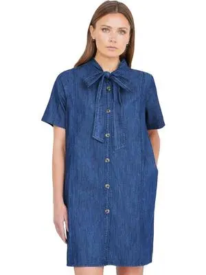 YUMI Chambray Tunic With Tie Neck - Blue