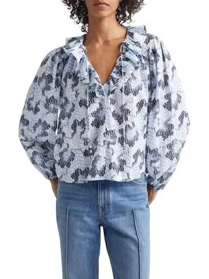 Ulla Johnson Siena Abstract Print Ruffle Collar Top - Ciel