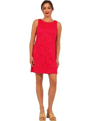 24SEVEN COMFORT APPAREL Sleeveless Boat Neck Mini Lace Shift Dress - Fuchsia