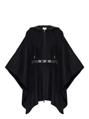 Moncler Wool Blend Hooded Cape With Belted Waist - Blue