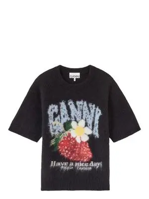 GANNI Alpaca Wool Strawberry Motif Knit Jumper - Black
