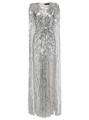 Jenny Packham Sequined Maxi Dress With Fringed Cape - Gray
