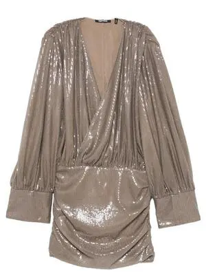 ROTATE BY BIRGER CHRISTENSEN Sequin Embellishment V-neck Long Puff Sleeve Dress - Brown
