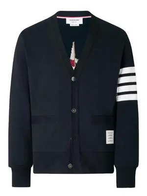 Thom Browne Navy Cotton Cardigan With Boat Embroidery And Signature 4-bar Stripe - Blue