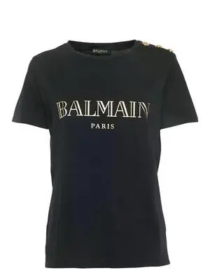 Balmain Logo Print Button Detail T-shirt - Black