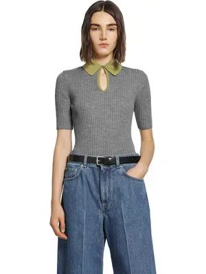 JIL SANDER Ribbed Wool Polo With Contrast Collar - Grey