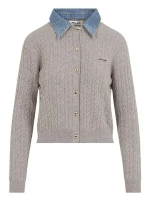 Miu Miu Miu Miu Cable Knit Cropped Cardigan With Denim Collar Multicolor