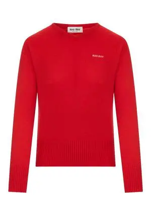 Miu Miu Cashmere V-neck Sweater With Logo - Red