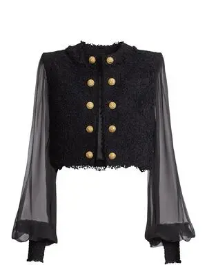 Balmain Cropped Tweed Blouse With Sheer Muslin Sleeves - Black