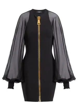 Balmain Jersey Zip Mini Dress With Sheer Balloon Sleeves - Black